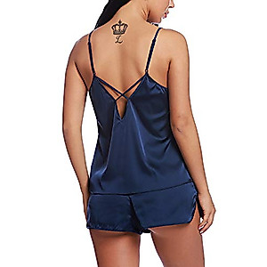 RSLOVE Women's Satin Pajamas Sexy Lingerie Sleepwear Cami Shorts Set Two-piece Pj Sets Blue M