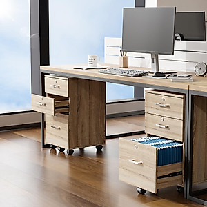 VINGLI Mobile 3 Drawer File Cabinets for Under Desk, Wooden Filing Cabinets for Home Office, Printer Stand & File Cabinet with Lock, 26-in H(Caster Included), Oak