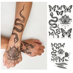 Temporary Tattoos for Adult Women - 2 Sheets - Black Big Snake Butterfly Lotus Mandala Medallion Sexy Small Butterflies Sleeve Words Adults Tattoo