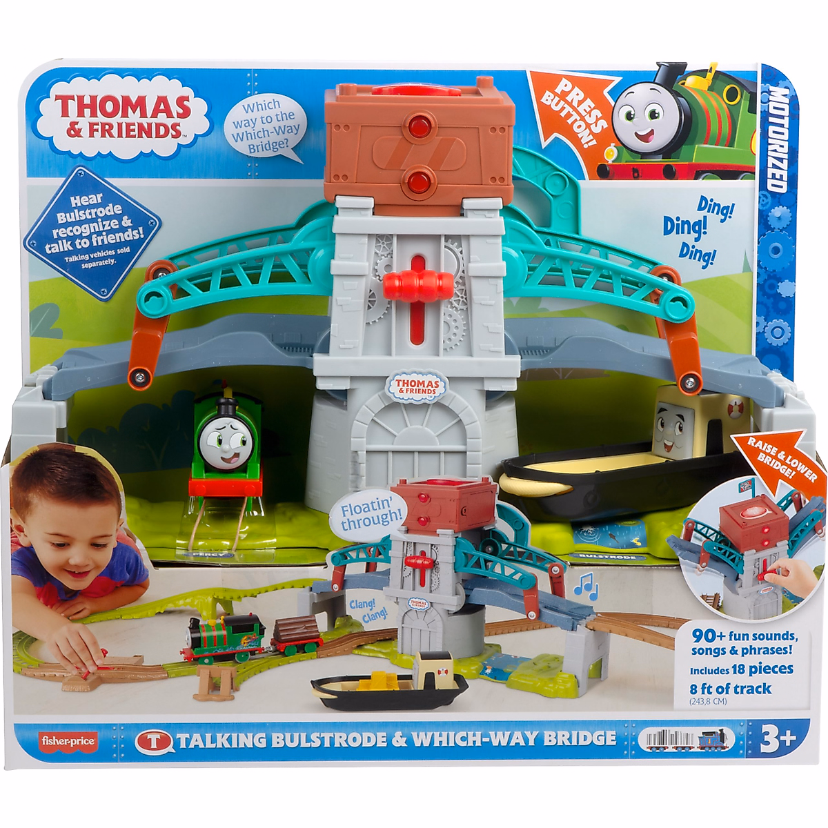 ​Thomas & Friends Toy Train Set Talking Bulstrode & Which-Way Bridge Track Playset with Sounds & Percy Engine for Kids Ages 3+ Years