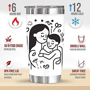 FOCIUZTA 20oz Charming Hand-Drawn Mother and Child with Floral Design Tumbler with lid, Travel Coffee Cup, Ideal for Easter, Mother Day, and birthday gifts