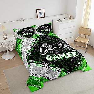 Feelyou Kids Gamer Comforter Set for Boys Teens, Green Gaming Bedding Sets Twin Size Video Game Controller Reversible Quilt Set All Season Home Decor with 1 Pillowcase