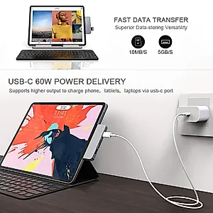 iPad Pro USB C Hub, NewBEP 7-in-1 Hub Adapter for iPad Pro, iPad Air 4, USB C Computer, with 4K HDMI, 60W USB-C PD Fast Charging, 3.5mm Headphone Jack & Type C Data, USB 3.0, SD/TF Card Reader