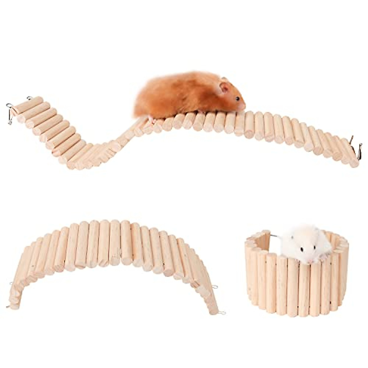 LUVCOSY 3 Packs Wooden Bridge (24'' + 16'' + 8''), Climbing Ladder & Fence Bundle for Habitat Decoration, Toys & Cage Accessories for Hamster, Chinchilla, Gerbil, Mice, Mouse, Reptile & Small Animals