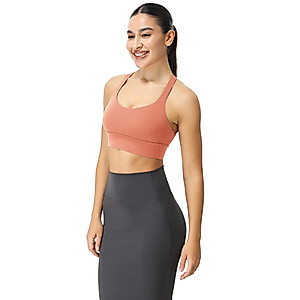 icyzone Sports Bras for Women - Activewear Strappy Padded Workout Yoga Tops Bra (Copper Brown, L)