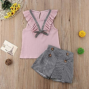 Mubineo Toddler Baby Girl Sleeveless Tops Plaid Button Summer Shorts Set Clothes Outfits (Pink, 7)