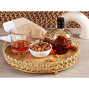 Wooden Round Serving Tray for Living Room,Decorative Coffee Table Tray,Round Wood Tray for Ottoman or Side Table, Charcuterie Board or Cheese Platter, Wooden Metal Tray 12" Dia with Golden Natural