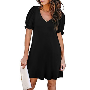 Aloodor Dresses for Women 2025 V Neck Puff Sleeve Summer Dress Ladies Black L