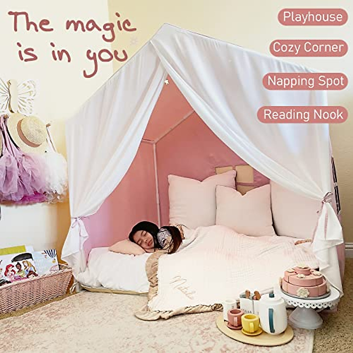 Large Kids Tent, Kids Playhouse with Banner,Light and Padded Mat, Tent for Kids Reading Nook, Play Tent, Easy to Assemble and Wash, Indoor and Outdoor, Pink Boho Adult Tent, 52x35x51,Pink