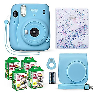 Fujifilm Instax Mini 11 Instant Camera Sky Blue + Fuji Film Value Pack (40 Sheets) + Shutter Accessories Bundle, Including Compatible Carrying Case, Selfie Lens, Quicksand Beads Photo Album 64 Pockets