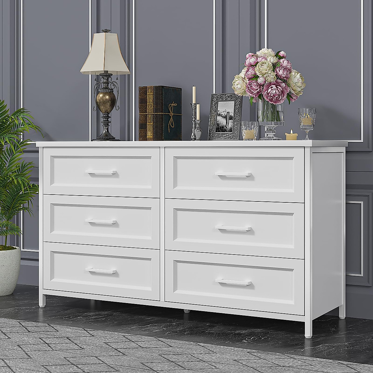TVU 6 Drawer Double Dresser for Bedroom, Wood Storage Dresser Clothes Organizer with Sturdy Steel Frame (White)