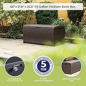 Suncast 73-Gallon Medium Deck Box - Lightweight Resin Indoor/Outdoor Storage Container and Seat for Patio Cushions and Gardening Tools - Store Items on Garage, Yard - Mocha Brown