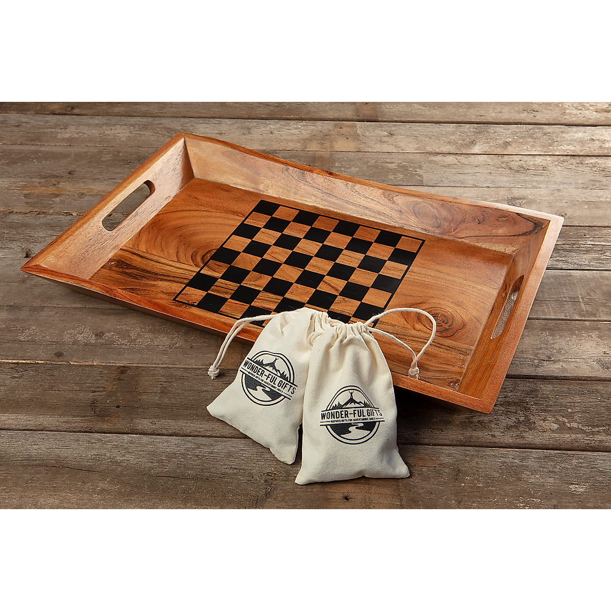 Wonder-ful Gifts Serving Tray with Chessboard - Chess and Checkers Pieces Included