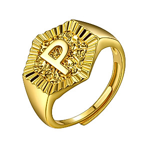 U7 Letter Ring for Women Gold Plated Open Wrap Style Knuckle Party Jewelry Hexagon Initial Signet Rings P