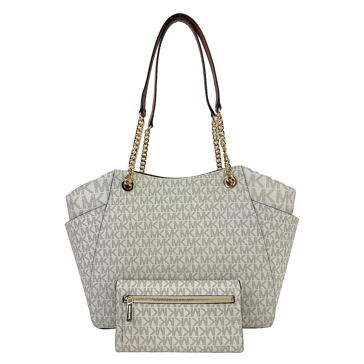 Michael Kors Jet Set Travel Large Chain Shoulder Tote bundled with Trifold Wallet (Vanilla)