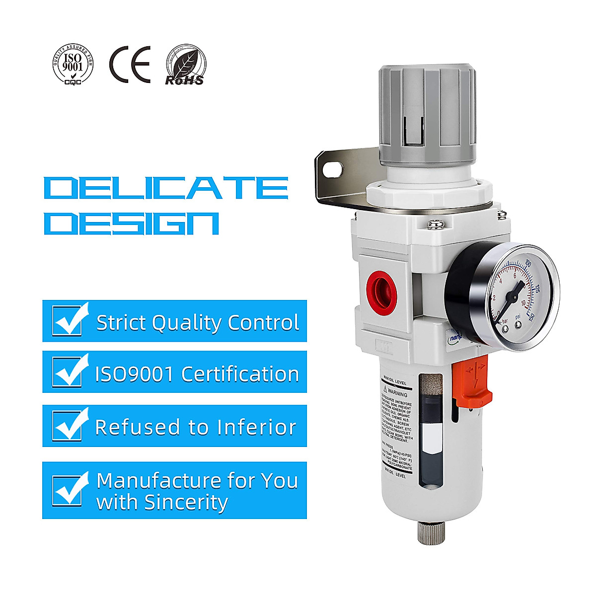 NANPU 1/2" NPT Compressed Air Filter Regulator Combo Piggyback, 5 Micron Brass Element, Poly Bowl, Semi-Auto Drain, Metal Bracket, 0-150 psi Gauge