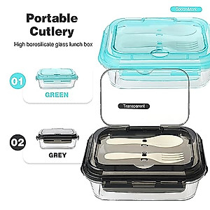 Delight King Lunch-to-Go Glass Baking and Storage Container with Fork and Spoon Compartment Lid, Black