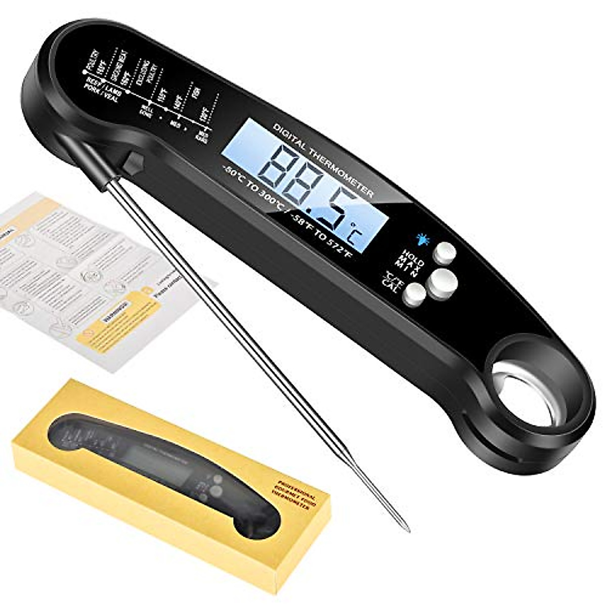 Waterproof Digital Instant Read Meat Thermometer Folding Probe Calibration Function for Cooking Food Candy, BBQ Grill, Calibration Bottle Opener for Kitchen (Black)