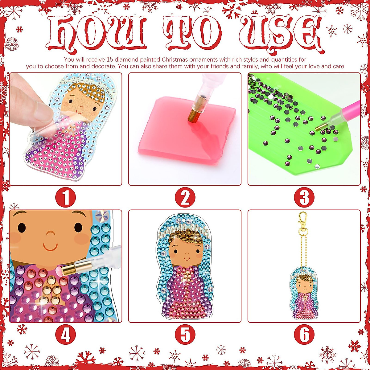 Remuuly 15 Pcs Christmas Nativity Scene Diamond Painting Keychain Christmas Hanging Ornaments 5D DIY Diamond Painting Decor Diamond Art Ornaments for Xmas Gift Holiday Craft