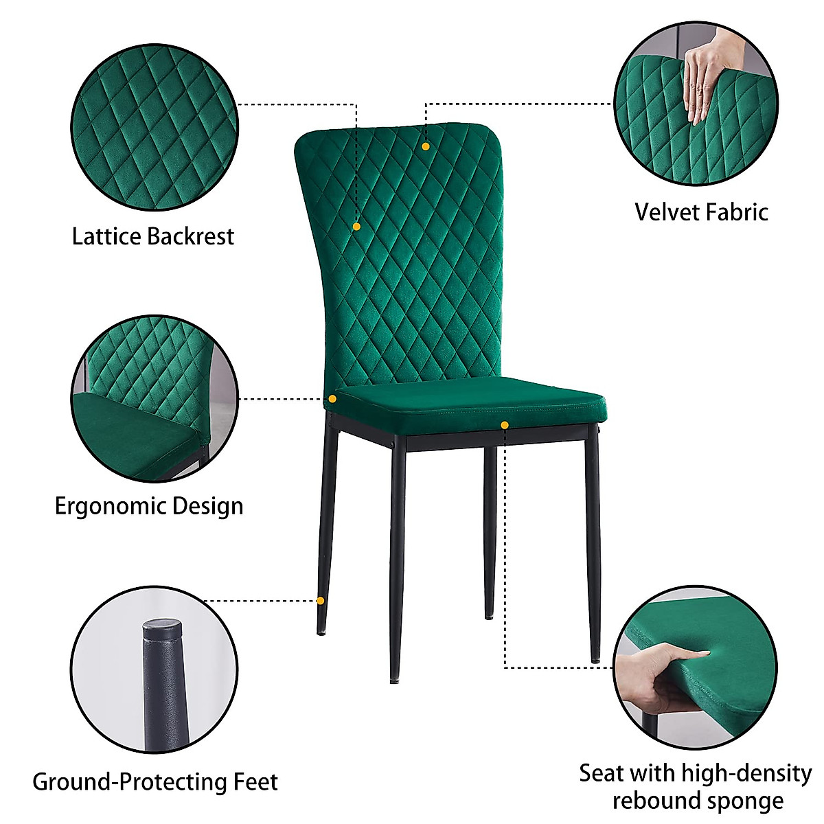FENZARD Set of 6 Living Room Chairs Dining Chairs with Velvet, High Back, Metal Frame and Modern Lattice Design for Living Room, Dining Room,Green