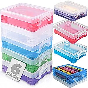 Vlish 6 Clear Crayon Plastic Storage Containers - 6 Pack Classroom School Supplies, Stackable Case Boxes Snap Latch Lids Closure, Arts and Crafts Organizer Bins-1.5x3.5"x4.75" Colors May Vary