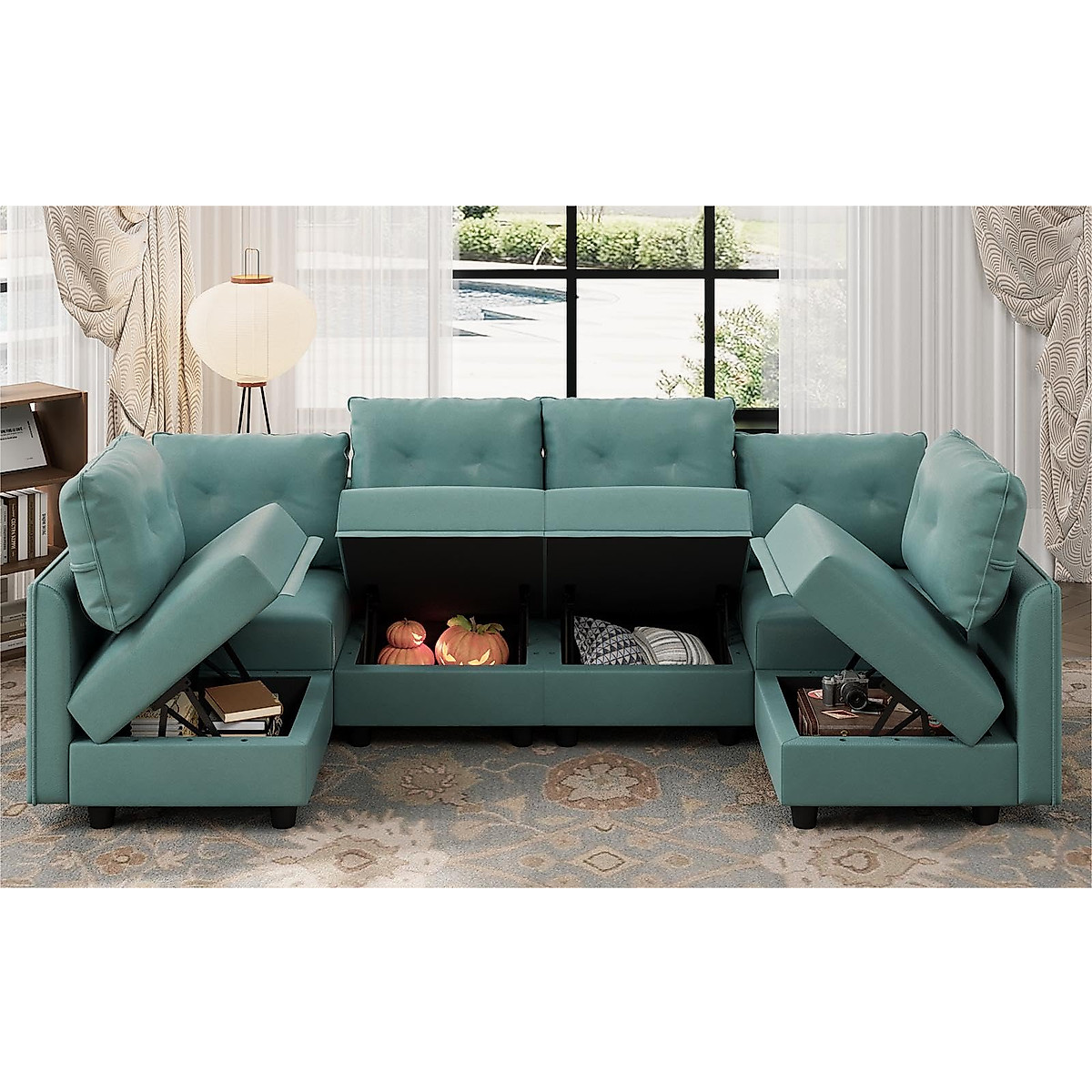 LLappuil Modular Sectional Sofa, Convertible U Shaped Sectional Couch with Storage, Modular Sectionals for Living Room, Faux Leather Fabric Waterproof Sofa, 6 Seat, Aqua Blue