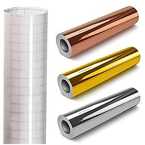 VViViD Chrome Gloss Bundle DECO65 Permanent Adhesive Craft Vinyl for Cricut, Silhouette & Cameo (Gold, Silver, Rose Gold - 7ft x 11.8" Per Roll) + VViViD Clear Transfer Tape Roll (12in x 50ft) i0