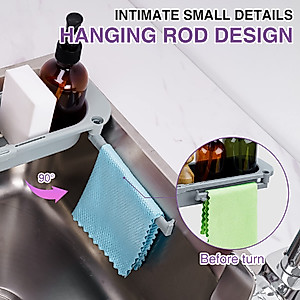 NiHome Telescopic Sink Holder with Sponge, Adjustable Kitchen Sink Organizer Rack Sponge Soap Holder Expandable Storage Drain Basket Sink Organizer Holder Dish Cloth Hanger for Home Kitchen (Grey)