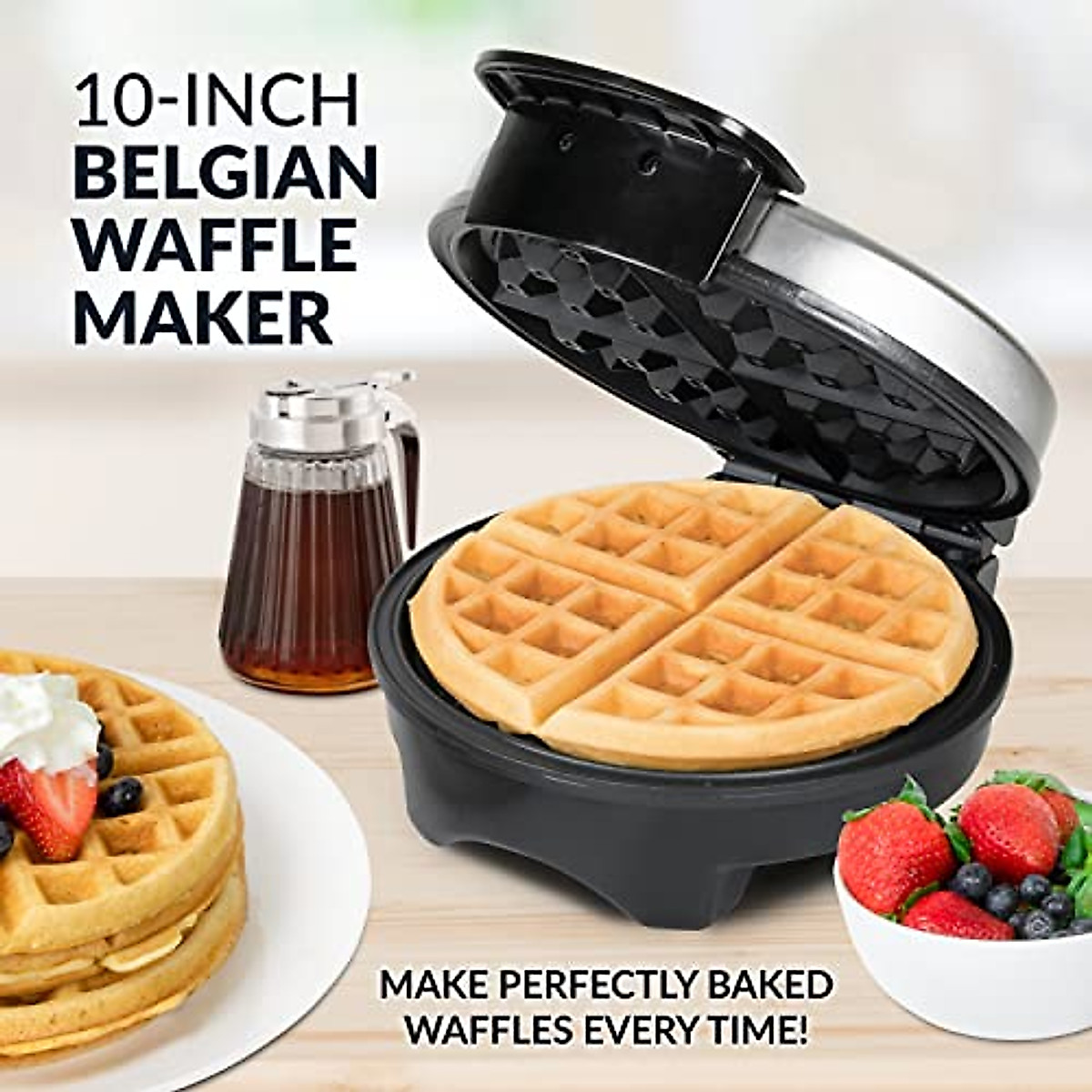 Nostalgia HomeCraft 7 inch Round Stainless Steel Electric Belgian Thick Waffle Maker, Non Stick, Die Cast Aluminum, Easy to Clean