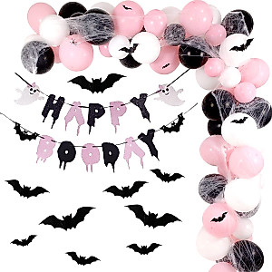 Pink Halloween Party Decorations with Happy Boo Day Banner, Spider Web, Bat Wall Decor, Pink and Black Balloons for Halloween Birthday Party Decorations, Halloween Baby Shower