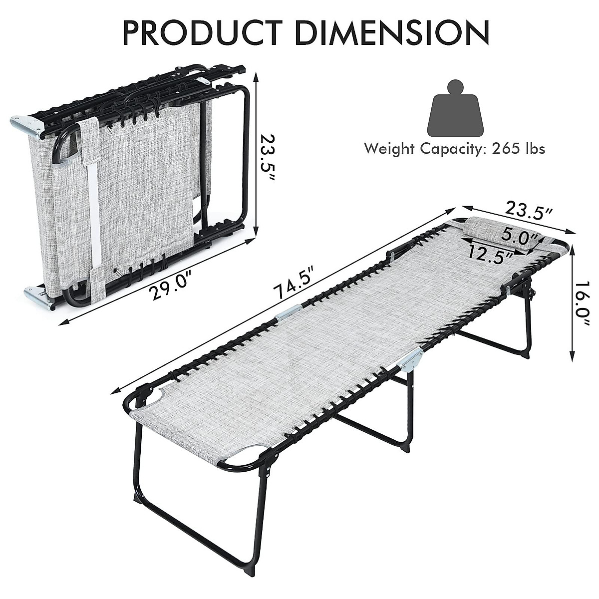 Tangkula Foldable Beach Lounge Chair for Outside, Sunbathing Chair with Removable Headrest, 4-Position Adjustable Backrest, Portable Tanning Chaise Lounger for Yard, Patio, Beach, Camping (1, Grey)