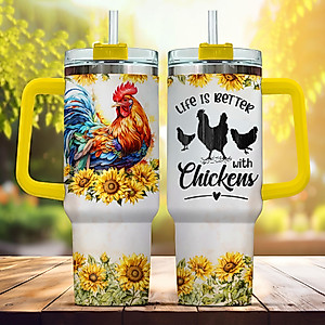 99WHALE Chicken Life Better Sunflower, Cups Handle Swig Tumblers Yellow Women Spring Breed Coffee Lovers For Is Good, Tumbler 40 Oz With Handle Lid And Straw, Chicken Gifts
