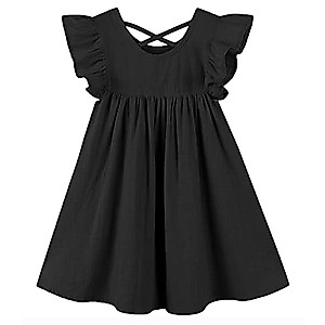 GSVIBK Baby Girls Linen Cotton Dress Halter Flutter Sleeve Casual Dress Toddler Girl Ruffle Sleeve Dress 686 Black 80