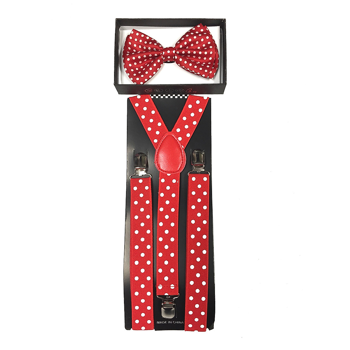 Men Women Red Polka Dot BOW TIE SUSPENDER COMBO SET Tuxedo Wedding