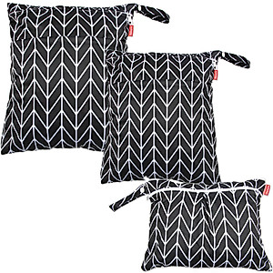 Damero 3pcs Travel Wet and Dry Bag with Handle for Cloth Diaper, Pumping Parts, Clothes, Swimsuit and More, Easy to Grab and Go, Black Arrows