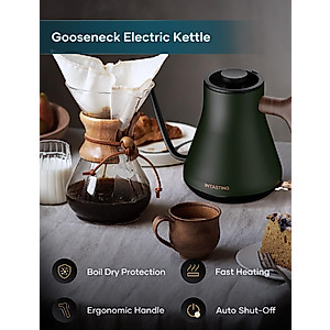 INTASTING Gooseneck Electric Kettle Hot Water Boiler Pour Over Coffee and Steeping Tea, 304 Stainless Steel, 0.9L/30oz, Auto Shut-Off & Boil Dry Protection, Matte Green with Dark Brown Wood Handle
