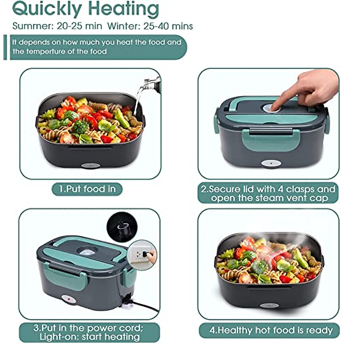 SYFTANT1MU Electric Lunch Box- 110V/12V/24V Portable Food Heater for Car/Office/School, 1.5L Stainless Steel Removable Container, Spoon and Carry Bag, 60W Lunch Box… (green 2)