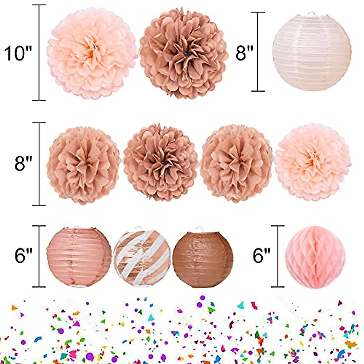 Rose Gold Party Decorations, Tissue Pom Poms, Paper Lanterns, Honeycomb Ball, Paper Circle Dots Garlands, 13 Pcs Hanging Party Supply Set for Wedding Bridal Shower Baby Shower Birthday - Rose Gold