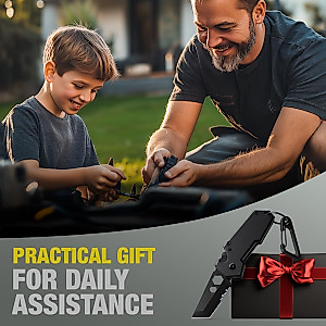 Mini Keychain Knife with Carabiner - 2" Tanto Serrated Blade - Black Multitool with Bottle Opener - Box Cutter - Liner Lock - Legal Small Pocket Knife for Men - EDC Foldings Knives for Gifts 2248