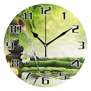 TropicalLife Flower Japanese Zen Wall Clock, Garden Stone Bamboo Silent Non Ticking Round Clock for Home Kitchen Bedroom Desktop Stand Bathroom Living Room Decor Office Classroom Clock Art 9.5 Inch