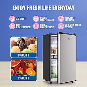 WANAI 3.2 Cu.Ft Mini Fridge with Freezer, Single Door Small Compact Refrigerator with 5 Adjustable Thermostat, LED Light, 3 Removable Shelves for Office, Dorm, Bedroom, Apartment, Kitchen Silver