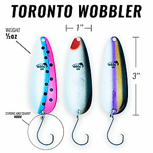 ETIC Toronto Wobbler 3", 1/2oz Fishing Spoons Kit 100% Made of Brass, 3 pcs Fishing Lures, Tackle, Hooks, Baits, Spinning, Casting, Trolling for Trout, Salmon, Pike, Walleye, Bass and Mores