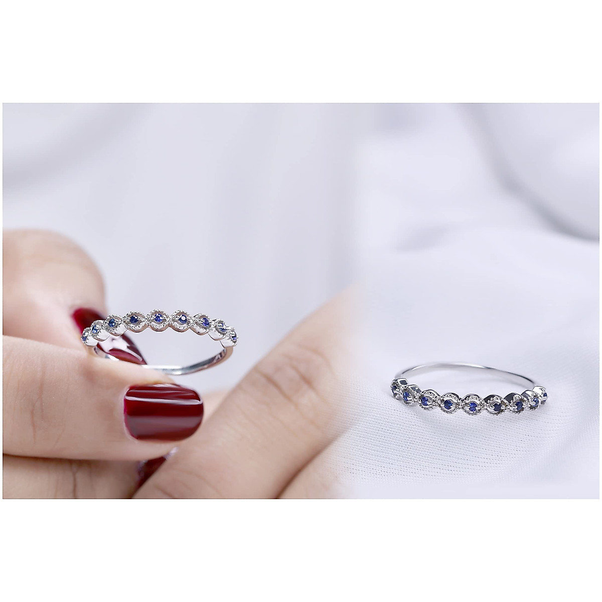 Dazzlingrock Collection Round Blue Sapphire 9 Stone Minimalist Stackable Wedding Ring for Women in 925 Sterling Silver, Size 8