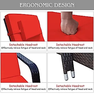 Tangkula Patio Wicker Chaise Lounge Chair with Wheels, Adjustable Rattan Reclining Chair with Armrests & Cushions, Red & Off White Cover, Outdoor Recliner Chair for Pool Deck Beach Backyard (1, Brown)