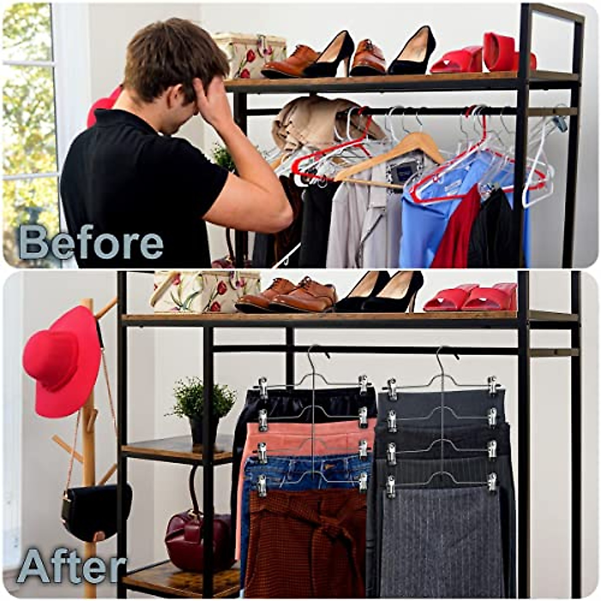 DEILSY 4-Tier Skirt Hanger 3PK Skirt Hangers with Clips Space-Saving Tiered Skirt Hangers with Adjustable Clips Cascading Clothing Hangers for Skirts, Shorts, Pants, Jean