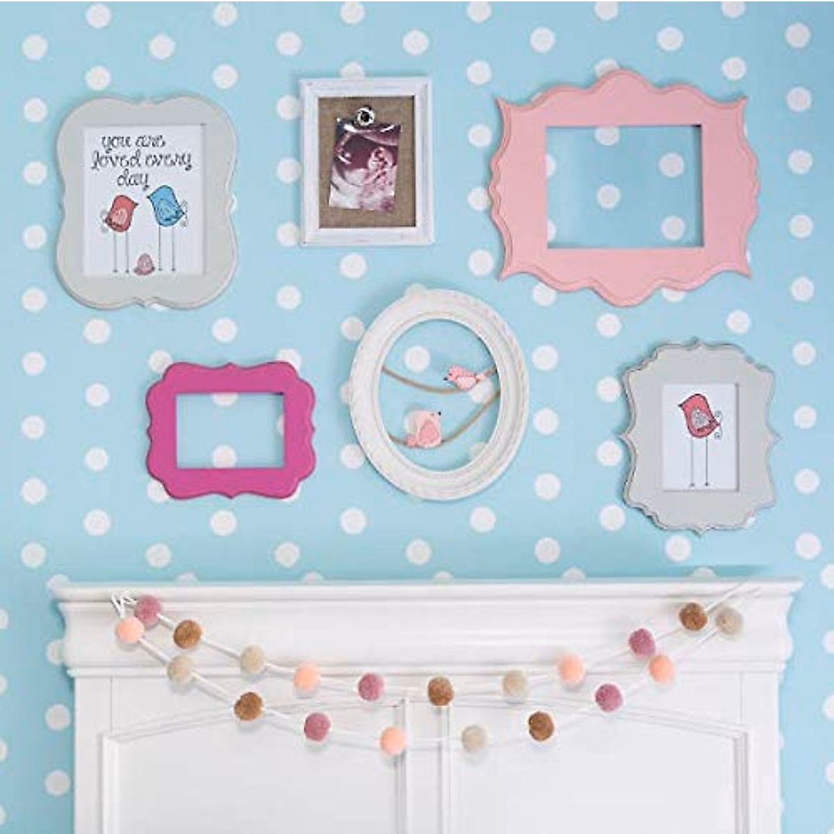 Pink Pom Pom Garland | Felt Ball Garland for Nursery, Baby Shower, Birthday and Mother's Day | Boho Bedroom Decor for Girls | Blush Pink, Mauve and Mustard Gold