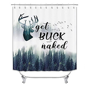 Camille&Andrew 4PCS Deer Antler Shower Curtain Set with Rugs, Green Pine Tree Misty Forest Nature Scenery Funny Quote Bird Elk Moose Wildlife Animal Hunting Rustic Cabin Bathroom Decor, Get Buck Naked