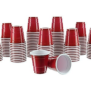 PARTY BARGAINS 2oz Plastic Shot Glasses - (120 Pack) Mini Red Disposable Plastic Shot Cups, Jello Shots, Perfect Size for Serving Condiments, Snacks, Samples and Tastings