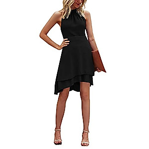 LYANER Women's Halter Sleeveless Pleated Layer Ruffle Hem Elegant Workwear Mini Dress Solid Black Medium