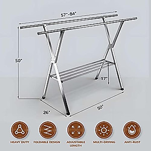 JAUREE Clothes Drying Rack 2 Tiers, Heavy Duty Drying Rack Clothing Folding Indoor Outdoor, Stainless Steel Laundry Drying Rack, Foldable Garment Rack with 20 Windproof Hooks (84 Inches)